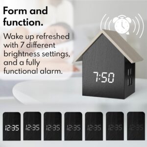 Driini Digital House Shaped Alarm Clock with Temperature Display (Dark Wood) – Modern Aesthetic with Cute Cube Frame and White LED Dimmer - Perfect Small Desk Clock for Bedside Table or Bedroom Mantle