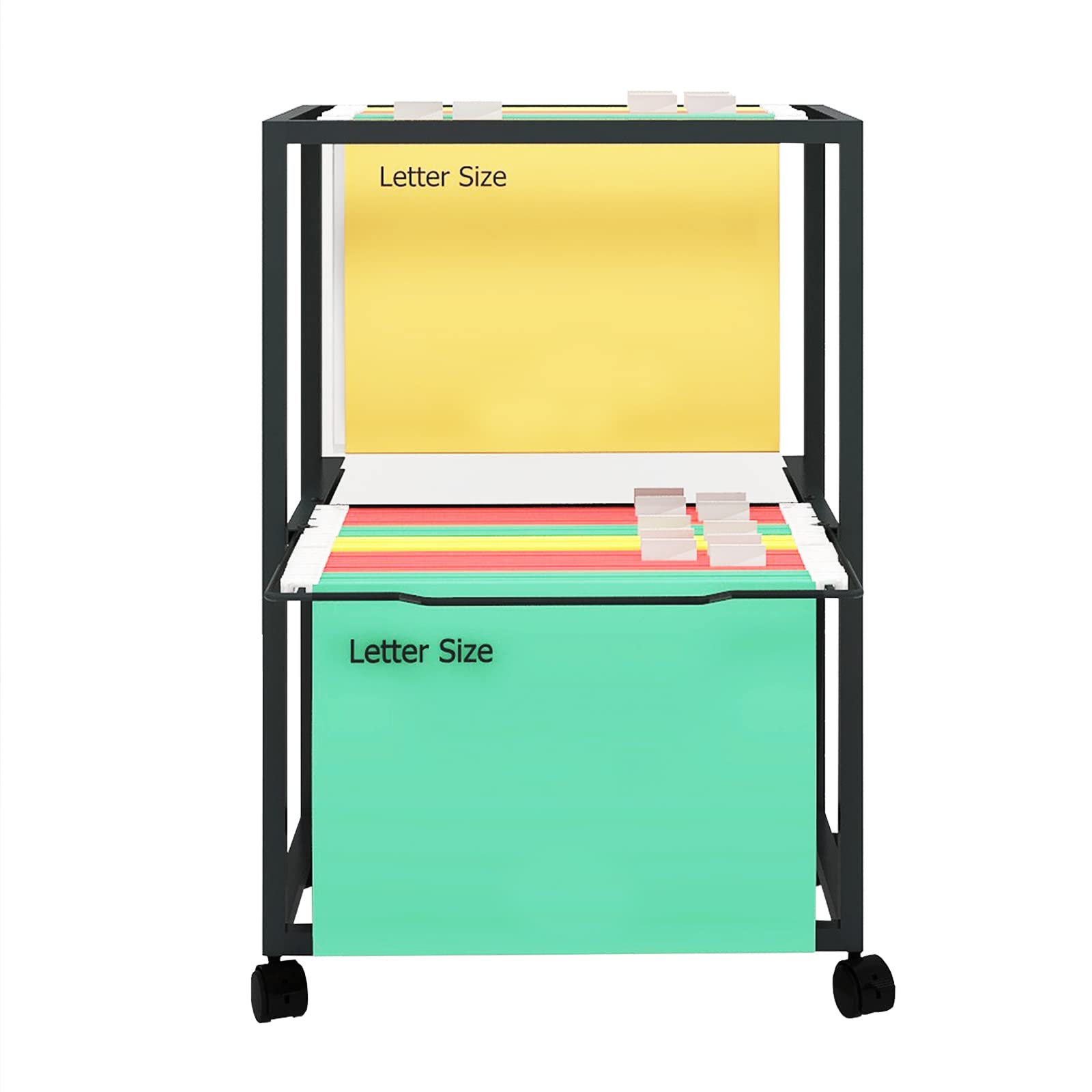 PUNCIA 2 Tiers Metal Rolling File Carts with Wheels Hanging Files for Letter Size Movable Pull-Out File Folder Rack Drawer File Cabinet for Home Office