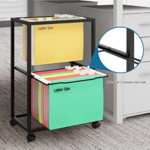 PUNCIA 2 Tiers Metal Rolling File Carts with Wheels Hanging Files for Letter Size Movable Pull-Out File Folder Rack Drawer File Cabinet for Home Office