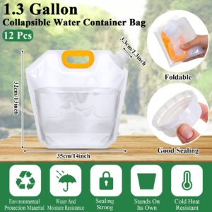 Tessco 12 Pack 1.3 Gallon Collapsible Water Storage Bag Water Container Bag Emergency Jug Plastic Storage Pouch Freezable Water Carrier Tank Foldable Bag for Outdoor Sport Camping (Clear,Blank)