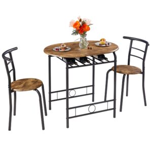 vecelo 3 piece small round dining table set for kitchen breakfast nook, wood grain tabletop with wine storage rack, save space, 31.5", antique & black