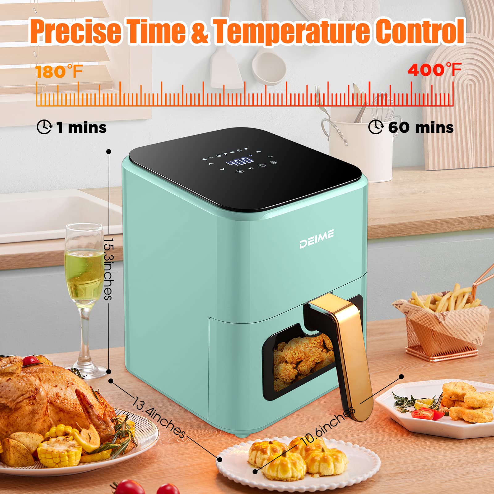 DEIME Air Fryer 4.2 QT Oilless Hot AirFryer 1200W Healthy Cooker Small Oven with 7 Presets, Digital LCD Touch Screen, Visual Cooking Window, Non-Stick Basket, Included Recipe (Green)