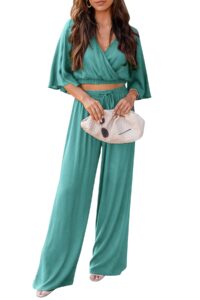 prettygarden 2 piece outfits for women 2024 summer short sleeve wrap v neck crop tops wide leg pants set (bean green,medium)