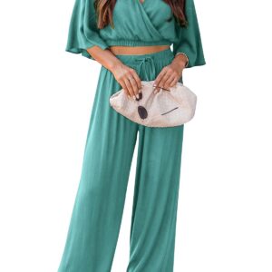 PRETTYGARDEN 2 Piece Outfits for Women 2024 Summer Short Sleeve Wrap V Neck Crop Tops Wide Leg Pants Set (Bean Green,Medium)