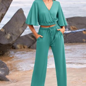 PRETTYGARDEN 2 Piece Outfits for Women 2024 Summer Short Sleeve Wrap V Neck Crop Tops Wide Leg Pants Set (Bean Green,Medium)