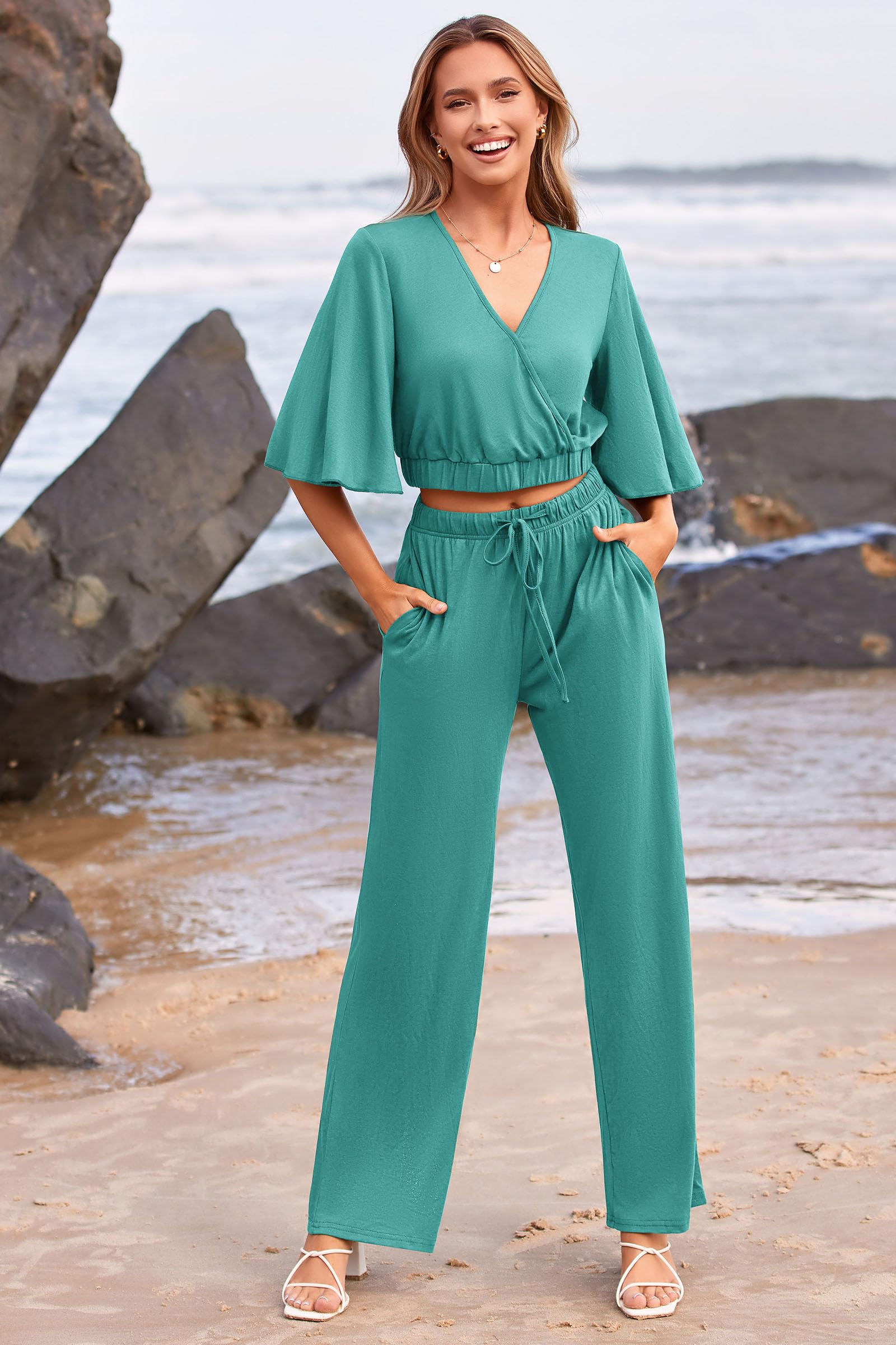 PRETTYGARDEN 2 Piece Outfits for Women 2024 Summer Short Sleeve Wrap V Neck Crop Tops Wide Leg Pants Set (Bean Green,Medium)