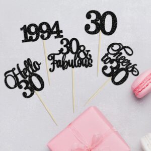 Gyufise 30Pcs 30th Birthday Cupcake Toppers Glitter Hello 30 Cupcake Topper Cheers to 30 1994 Thirty Cupcake Picks for Happy 30th Birthday Anniversary Party Cake Decorations Black