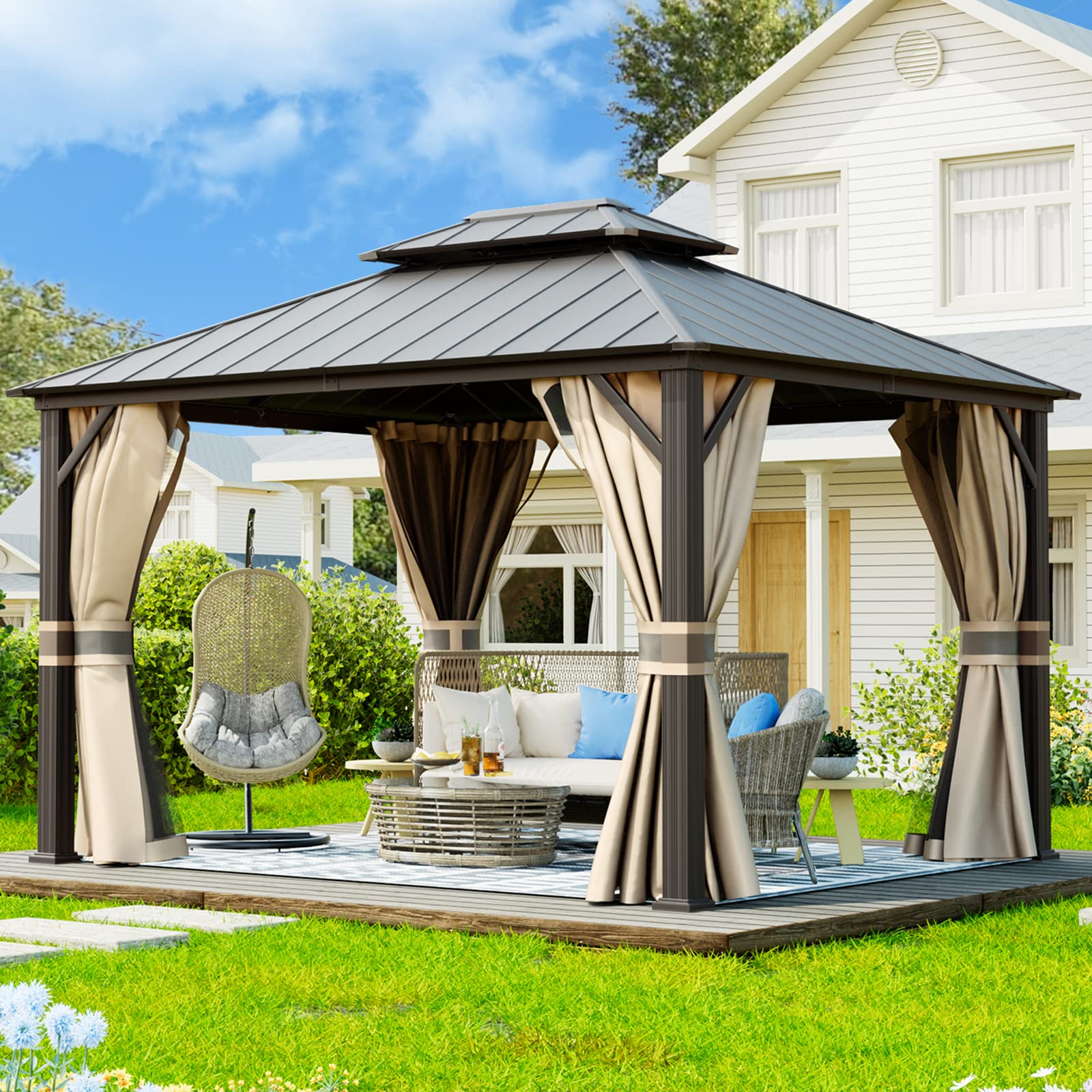 UDPATIO 10' x 12' Hardtop Gazebo, Outdoor Aluminum Gazebo with Galvanized Steel Double Roof, Permanent Metal Canopy with Curtains and Netting for Patio, Garden, Lawn, Backyard, Deck, Beige