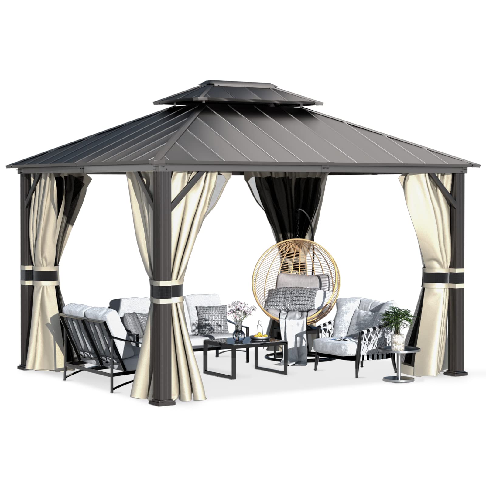 UDPATIO 10' x 12' Hardtop Gazebo, Outdoor Aluminum Gazebo with Galvanized Steel Double Roof, Permanent Metal Canopy with Curtains and Netting for Patio, Garden, Lawn, Backyard, Deck, Beige