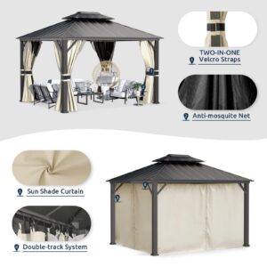 UDPATIO 10' x 12' Hardtop Gazebo, Outdoor Aluminum Gazebo with Galvanized Steel Double Roof, Permanent Metal Canopy with Curtains and Netting for Patio, Garden, Lawn, Backyard, Deck, Beige