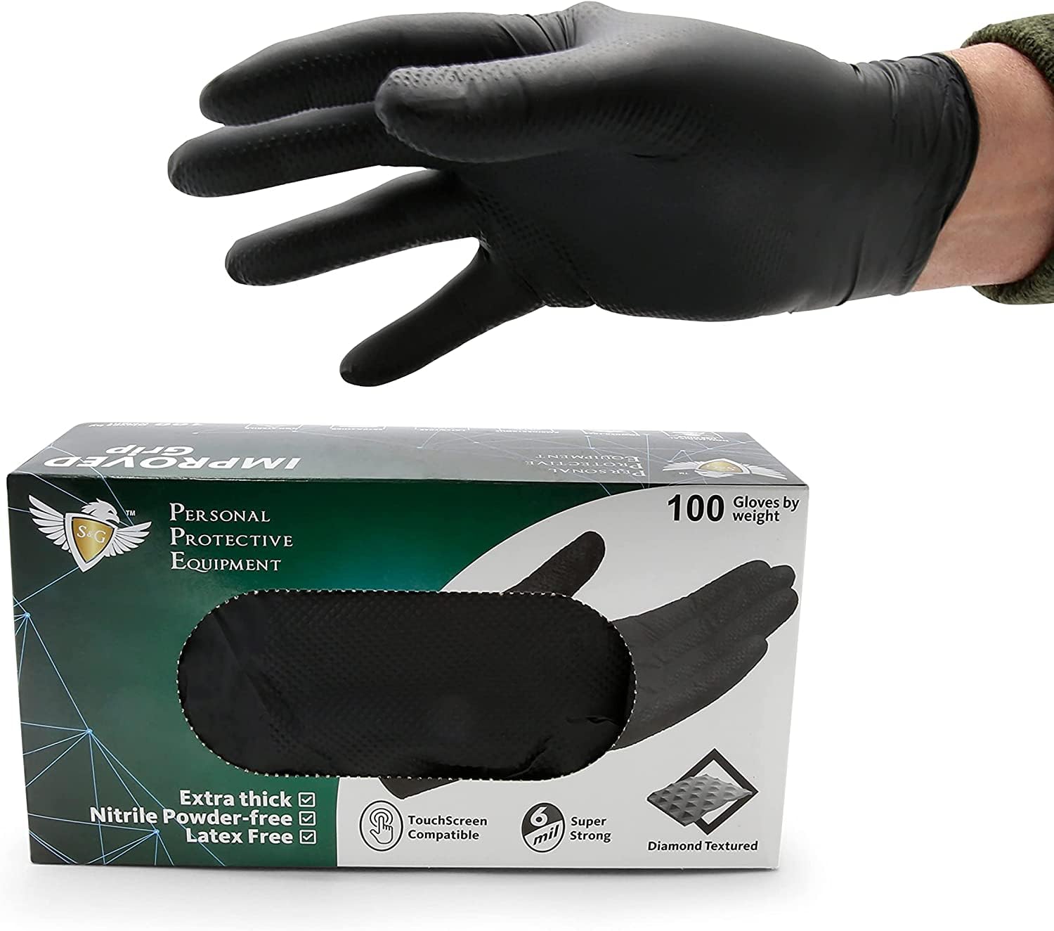 S&G Black Nitrile Gloves Heavy-Duty Latex & Powder Free - For Cleaning, Construction, Mechanic, Food Prep | 6 Mil - 100 | Medium