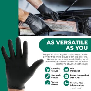 S&G Black Nitrile Gloves Heavy-Duty Latex & Powder Free - For Cleaning, Construction, Mechanic, Food Prep | 6 Mil - 100 | Medium