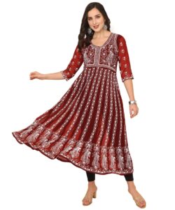 ethnicjunction women's georgette chikankari embroidery anarkali kurta (x large) (rust orange)