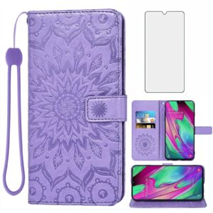 phone case for samsung galaxy a40 wallet cases with tempered glass screen protector and leather slim flip cover card holder stand cell accessories glaxay a 40 glaxaya40 40a sm-a405f women purple