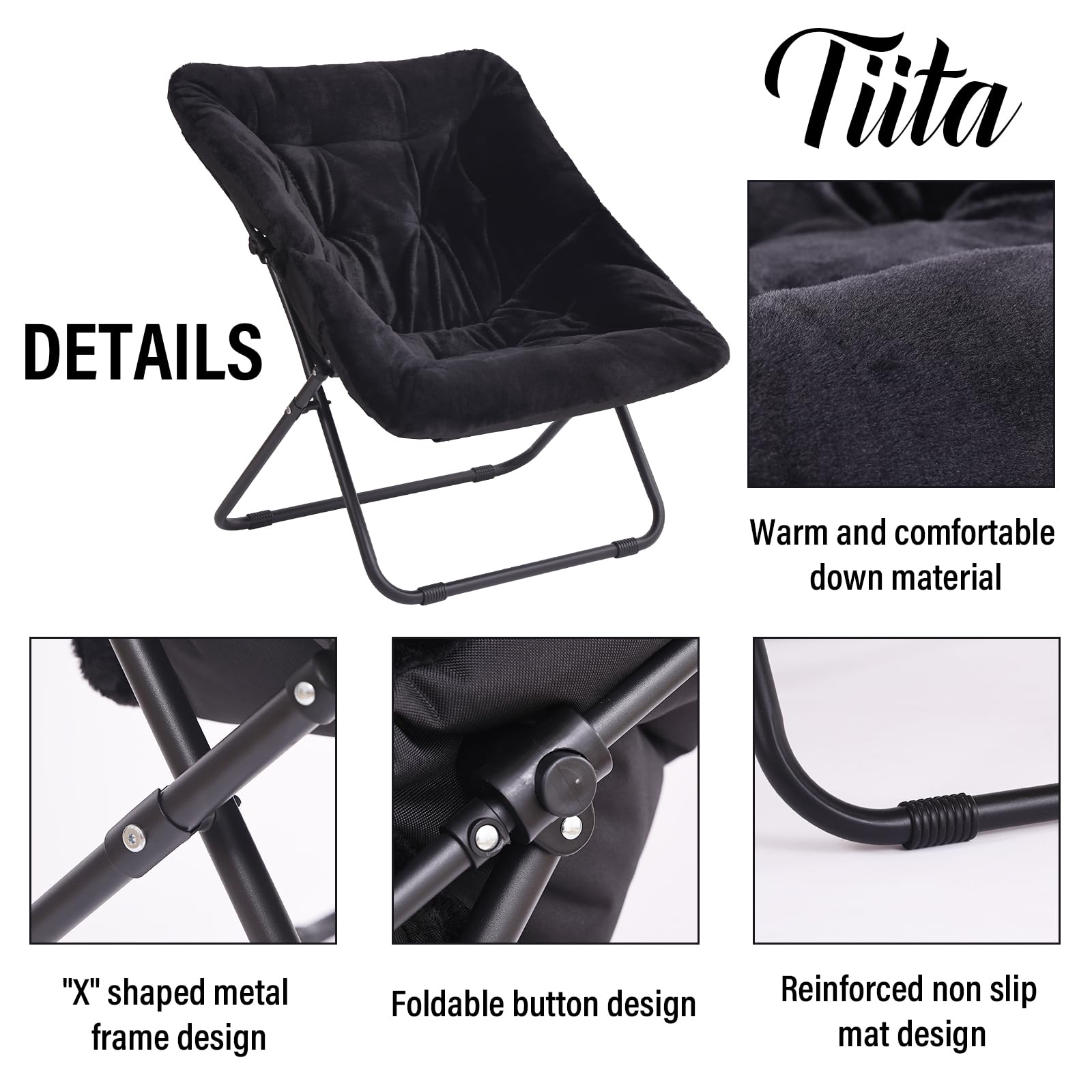 Tiita Comfy Saucer Chair, Soft Faux Fur Oversized Folding Accent Chair, Lounge Lazy Chair for Kids Teens Adults, Metal Frame Moon Chair for Bedroom, Living Room, Dorm Rooms