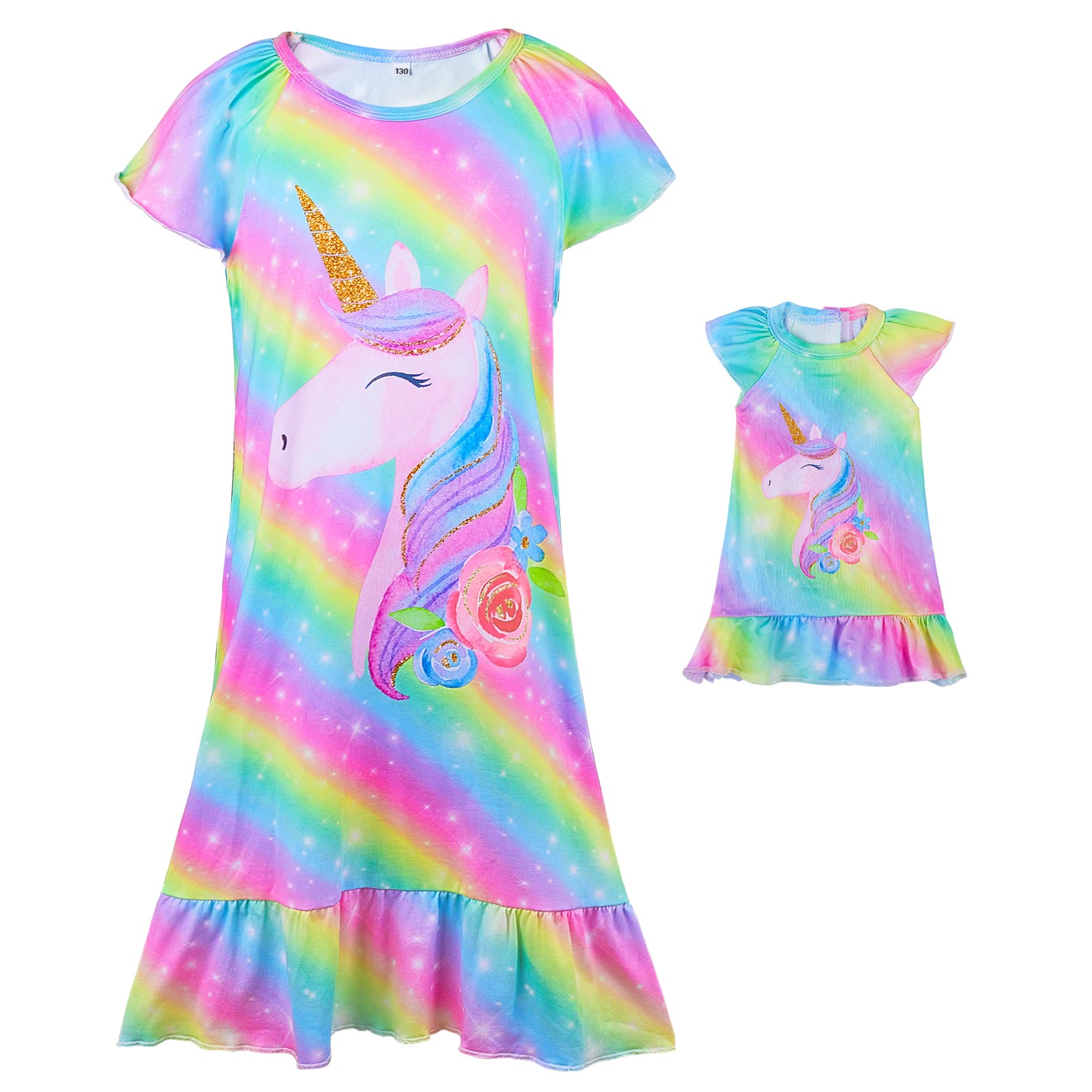 ICOSY Matching Girls & Doll Nightgowns Clothes Unicorn Pajamas Sleepwear Outfit for Girls and American 18" Girl Doll Rainbow