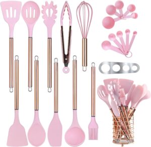 arquiel pink kitchen utensil set with holder, 22 pcs silicone cooking utensils set for nonstick cookware, heat resistance spatula set, stainless steel kitchen gadgets utensils set, gifts for mom