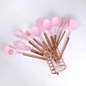 Arquiel Pink Kitchen Utensil Set with Holder, 22 Pcs Silicone Cooking Utensils Set for Nonstick Cookware, Heat Resistance Spatula Set, Stainless Steel Kitchen Gadgets Utensils Set, Gifts for Mom