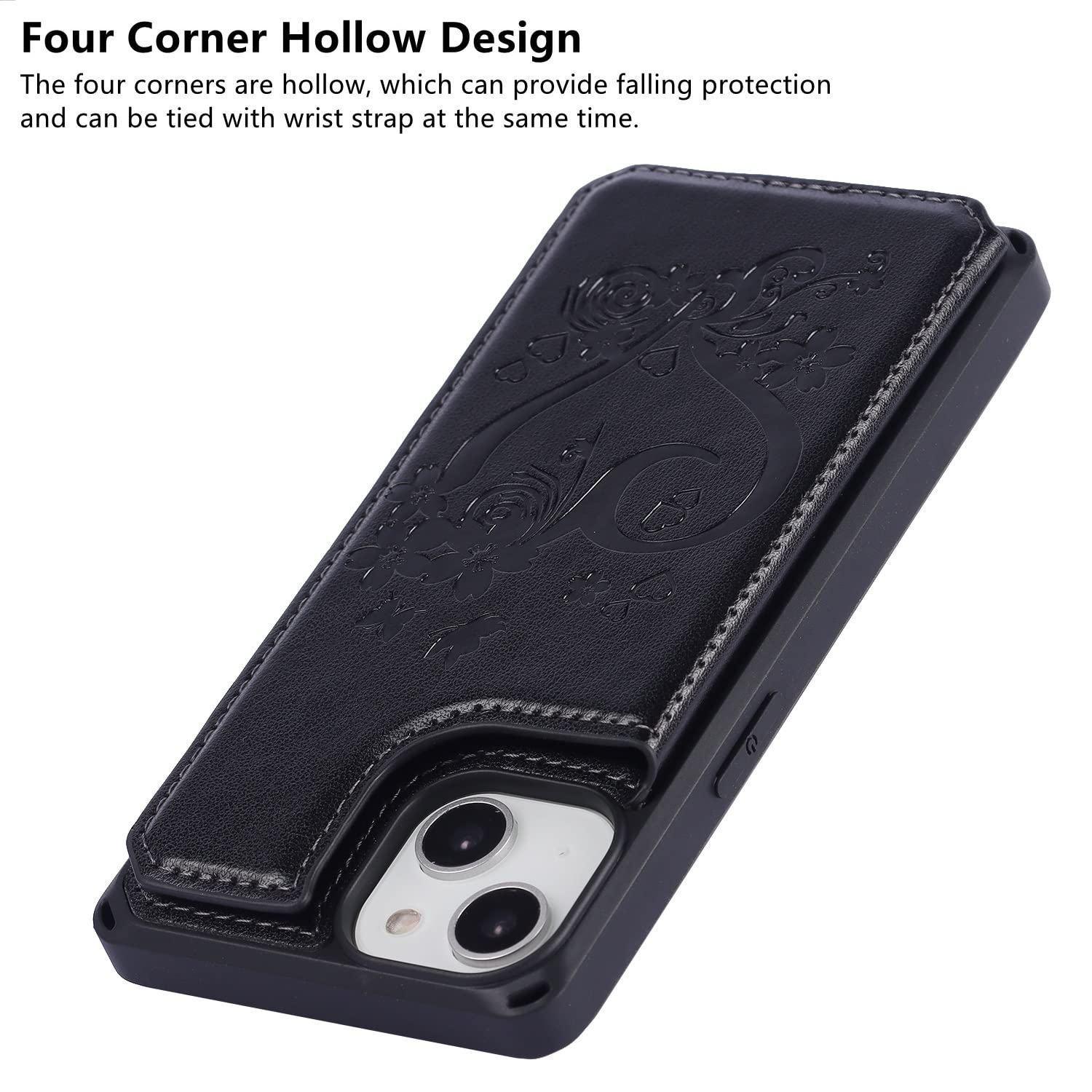 iCoverCase for iPhone 14 Plus Case with Card Holder, iPhone 14 Plus Wallet Case for Women with Strap [RFID Blocking] Embossed Leather Kickstand Phone Case for iPhone 14 Plus 6.7 Inch (Heart Black)