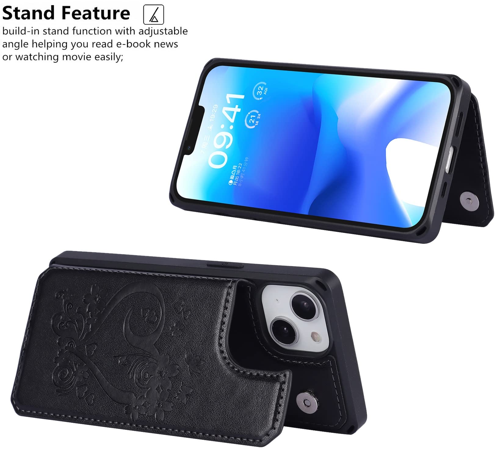 iCoverCase for iPhone 14 Plus Case with Card Holder, iPhone 14 Plus Wallet Case for Women with Strap [RFID Blocking] Embossed Leather Kickstand Phone Case for iPhone 14 Plus 6.7 Inch (Heart Black)