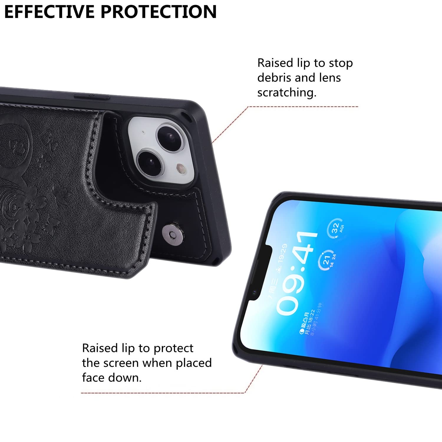 iCoverCase for iPhone 14 Plus Case with Card Holder, iPhone 14 Plus Wallet Case for Women with Strap [RFID Blocking] Embossed Leather Kickstand Phone Case for iPhone 14 Plus 6.7 Inch (Heart Black)