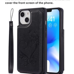 iCoverCase for iPhone 14 Plus Case with Card Holder, iPhone 14 Plus Wallet Case for Women with Strap [RFID Blocking] Embossed Leather Kickstand Phone Case for iPhone 14 Plus 6.7 Inch (Heart Black)