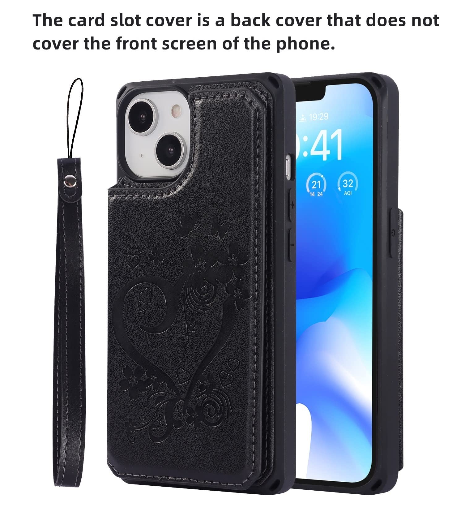 iCoverCase for iPhone 14 Plus Case with Card Holder, iPhone 14 Plus Wallet Case for Women with Strap [RFID Blocking] Embossed Leather Kickstand Phone Case for iPhone 14 Plus 6.7 Inch (Heart Black)