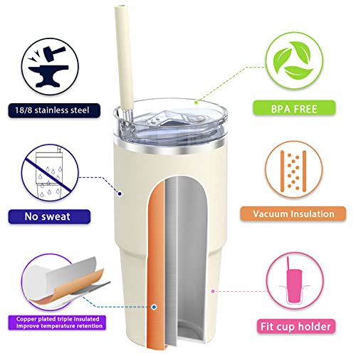 Zukro 24 oz Coffee Tumbler, Leak Proof Stainless Steel Travel Mug with Screw on Sliding lid and Straw, No Sweat Insulated Cup For Hot and Cold Drinks, Dishwasher Safe - Cream