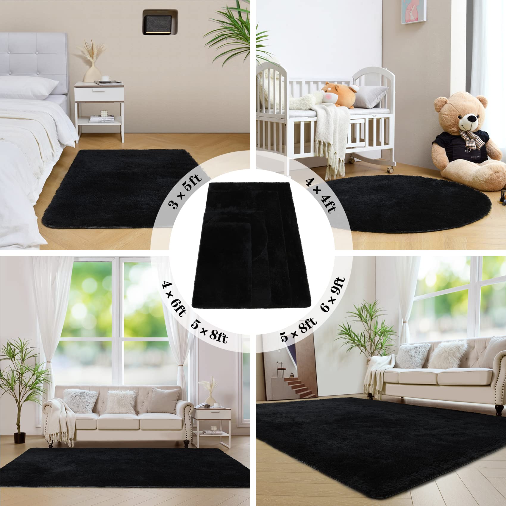 duduta Black Soft Fluffy Rectangle Rug 3x5 ft, Shag Furry Plush Throw Rug for Bedroom Nursery Living Room Home Decor