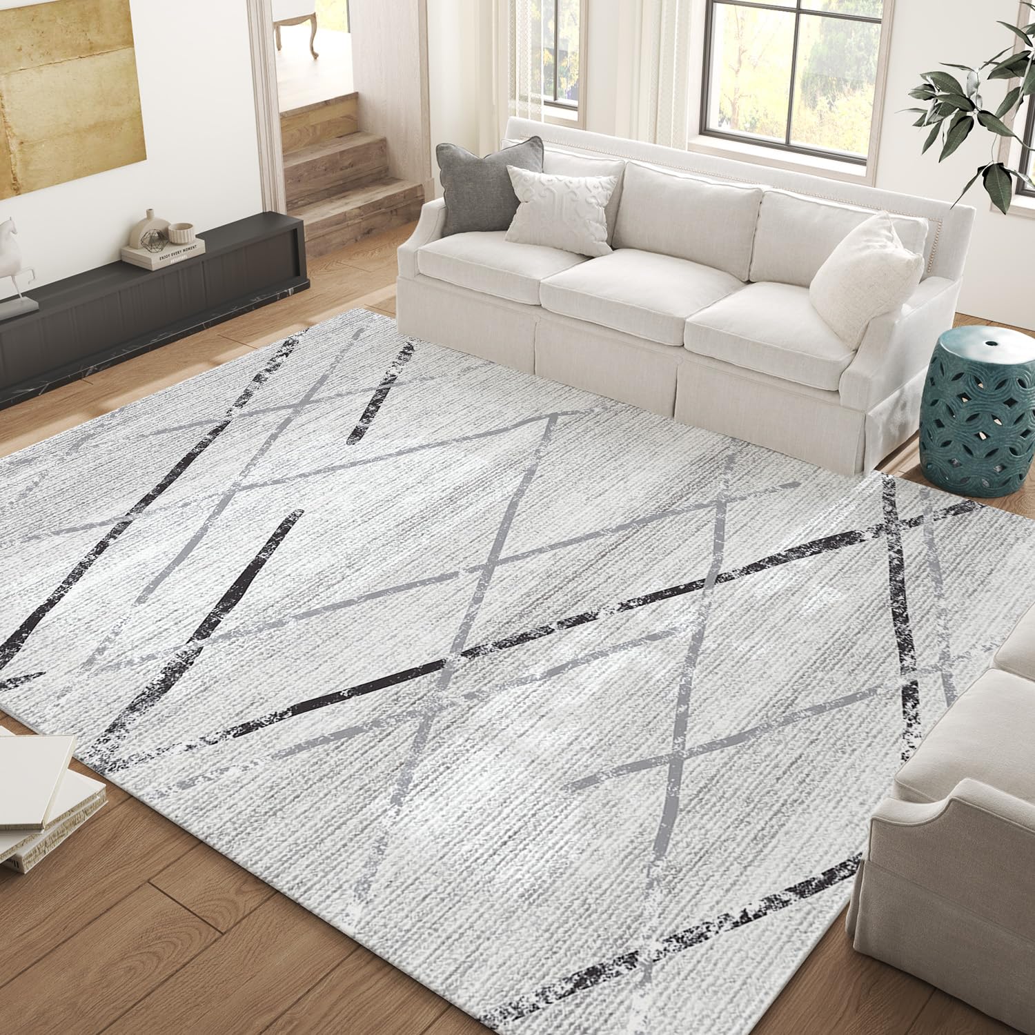 jinchan Area Rug 8x10 Washable Rug Moroccan Rug Black Grey Foldable Thin Rug Modern Geometric Accent Rug Soft Rug Indoor Non Slip Gray Carpet Kitchen Living Room Bedroom Dining Room