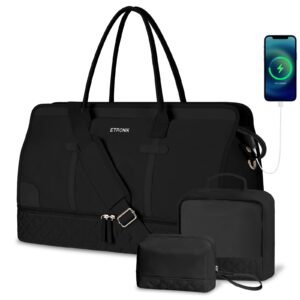 etronik weekender overnight bag for women, large travel duffle bag with shoe compartment & wet pocket, carry on tote bag gym duffel bag with toiletry bag for hospital 4 pcs set, large size, black