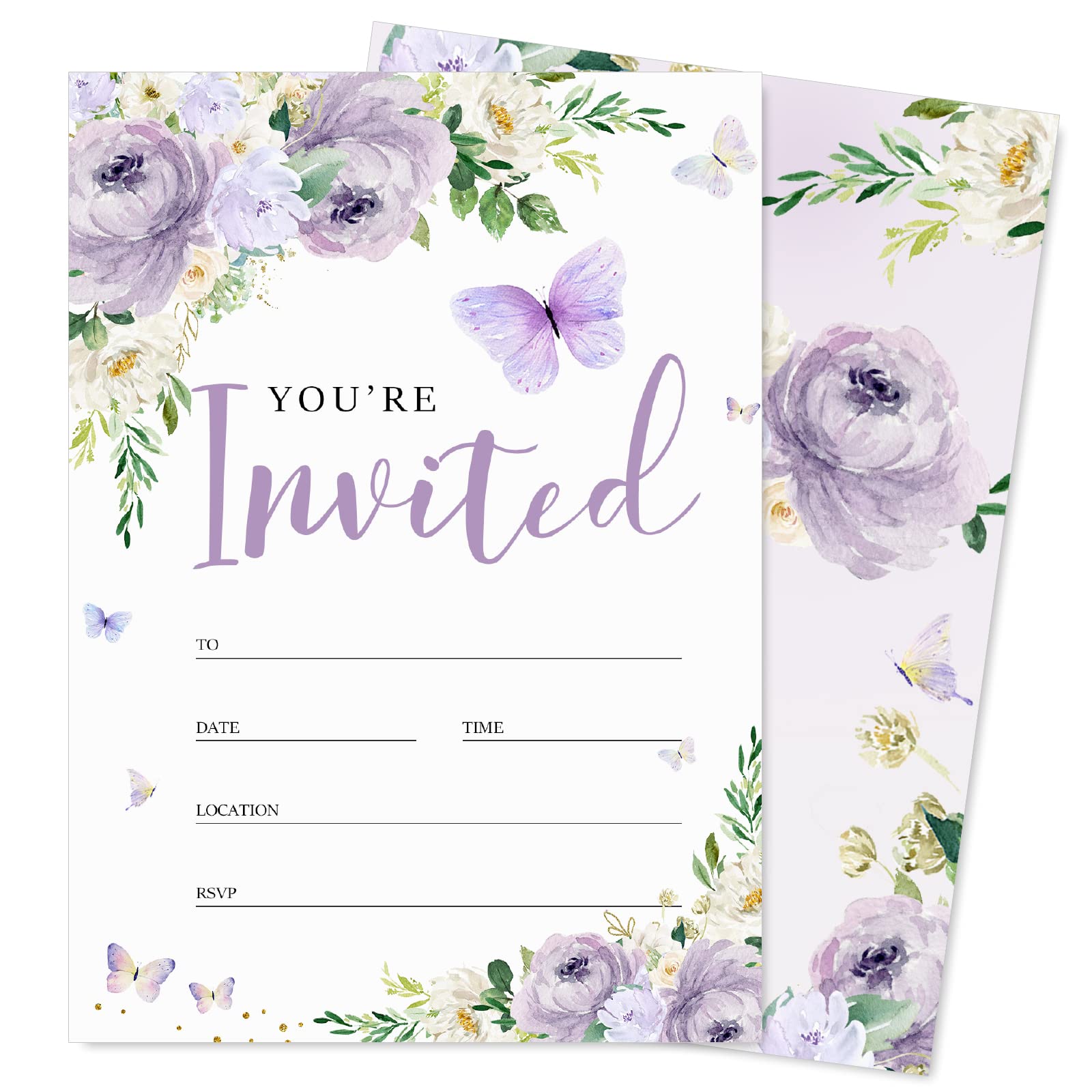 AnyDesign 20 Set Butterfly Purple Floral Invitations with Envelopes Stickers 5 x 7 Inch Spring Watercolor Invitation Paper Cards Blank Invites for Girls Baby Shower Wedding Birthday Dinner Party