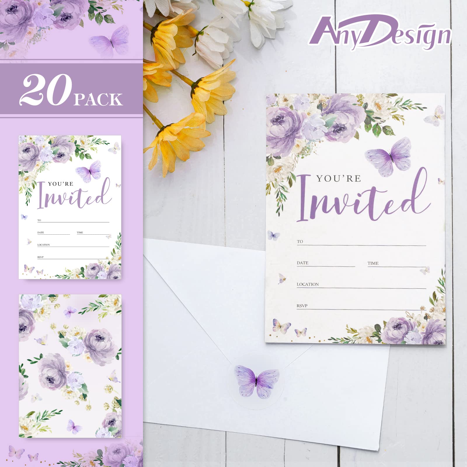 AnyDesign 20 Set Butterfly Purple Floral Invitations with Envelopes Stickers 5 x 7 Inch Spring Watercolor Invitation Paper Cards Blank Invites for Girls Baby Shower Wedding Birthday Dinner Party