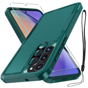 for samsung galaxy a54 5g case with 1 pcs tempered glass screen protector and 1 pcs camera lens cover,heavy duty rugged shockproof full body protective phone cover,dark green