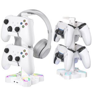 kdd gaming rgb headphones stand, rotatable headset stand with 9 light modes - controller holder with 2 usb charging ports and 3.5mm - earphone hanger accessories for desktop gamer(white)