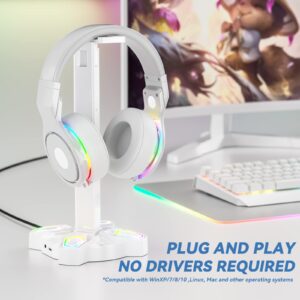 KDD Gaming RGB Headphones Stand, Rotatable Headset Stand with 9 Light Modes - Controller Holder with 2 USB Charging Ports and 3.5mm - Earphone Hanger Accessories for Desktop Gamer(White)