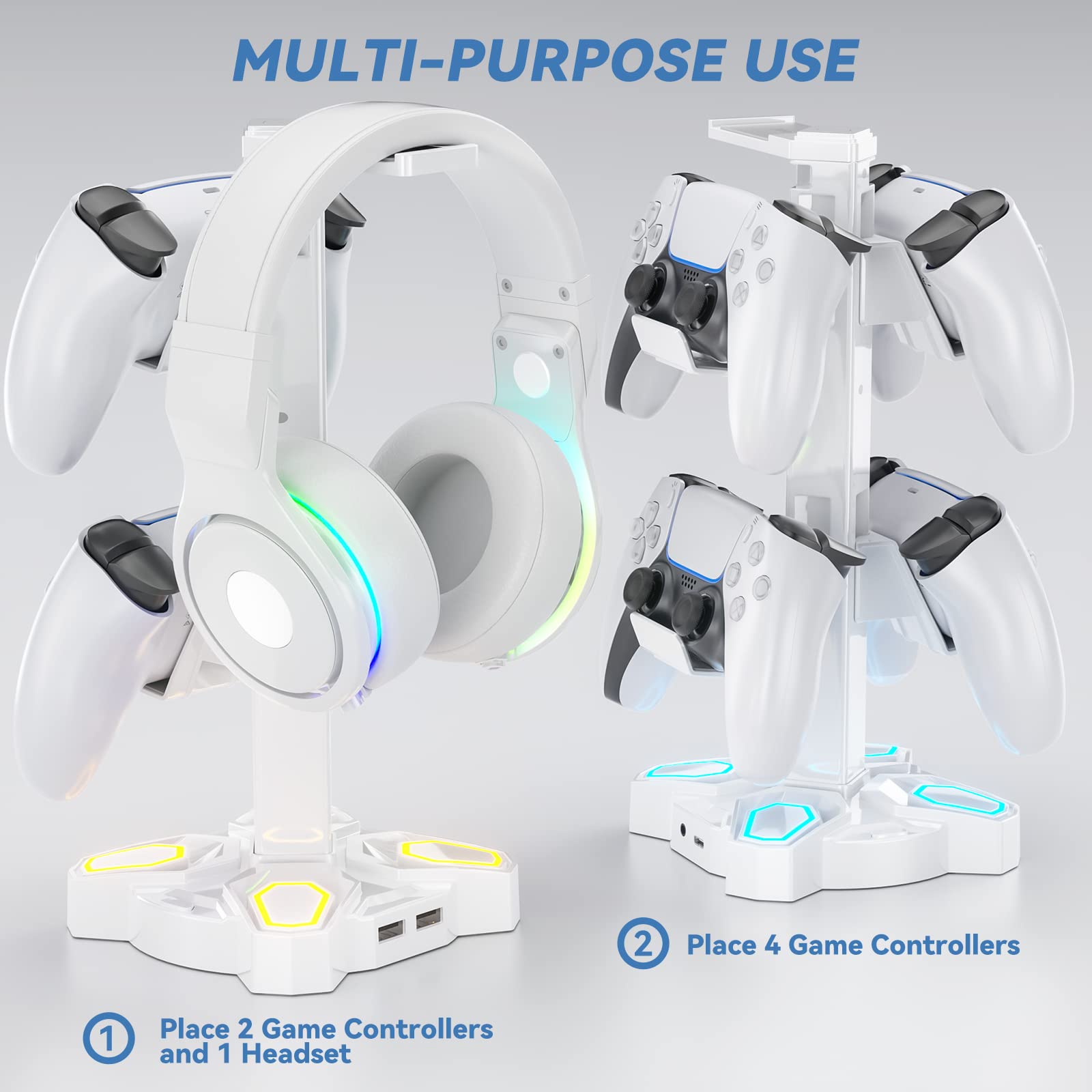 KDD Gaming RGB Headphones Stand, Rotatable Headset Stand with 9 Light Modes - Controller Holder with 2 USB Charging Ports and 3.5mm - Earphone Hanger Accessories for Desktop Gamer(White)