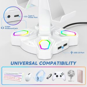 KDD Gaming RGB Headphones Stand, Rotatable Headset Stand with 9 Light Modes - Controller Holder with 2 USB Charging Ports and 3.5mm - Earphone Hanger Accessories for Desktop Gamer(White)