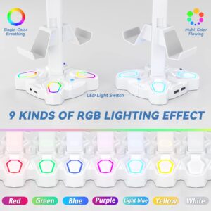 KDD Gaming RGB Headphones Stand, Rotatable Headset Stand with 9 Light Modes - Controller Holder with 2 USB Charging Ports and 3.5mm - Earphone Hanger Accessories for Desktop Gamer(White)