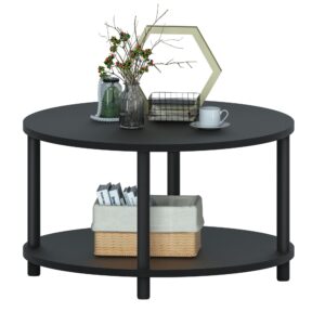 unihouse round coffee table for living room, 31.5’’ 2 tier black wooden coffee table with open storage shelf for office/reception room,sturdy metal legs, easy to assemble