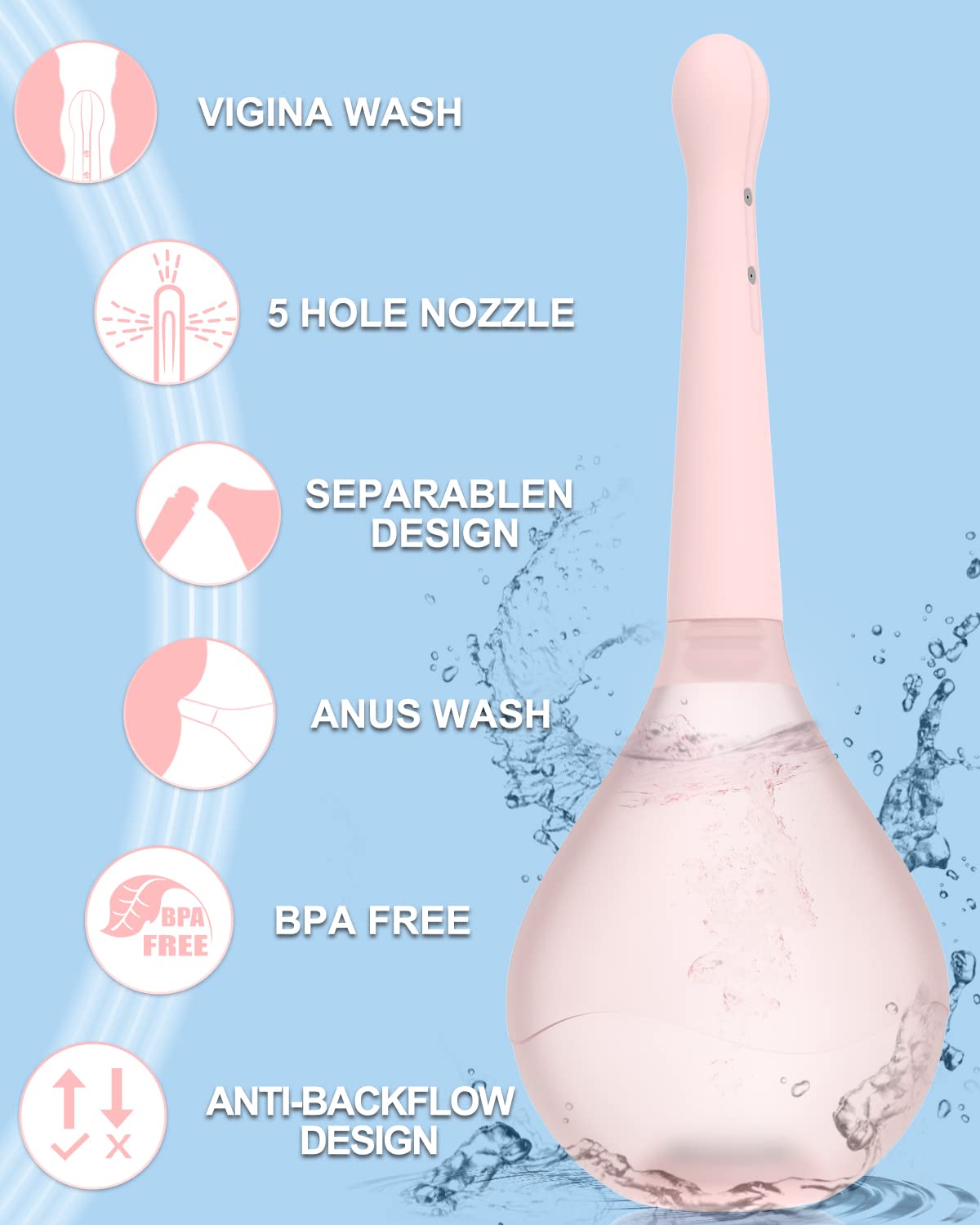 Enema Douche Anti Back-Flow, Amal Douche Bottle for Colon Cleansing Detox and Constipation, Anal Enema Bulb with 5 Spouts, Reusable Enima Vaginal Cleaner kit for Men Women (1Pink)