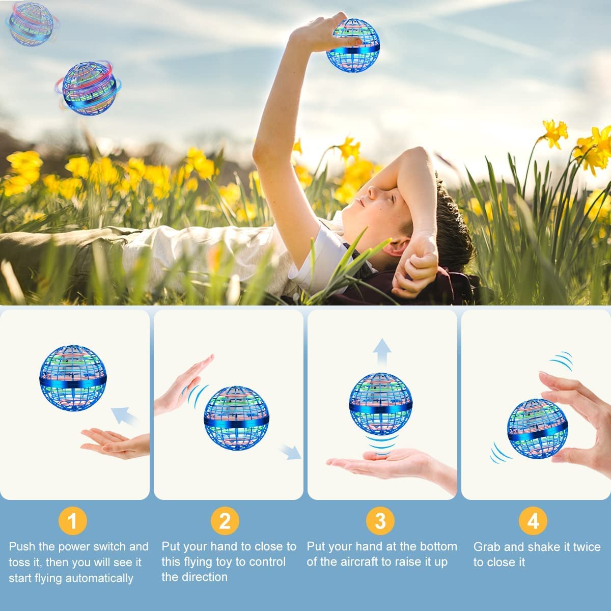 2024 Upgraded New Flying Orb Ball Pro Toys, Globe 360°Rotating Magic Led Lights, Fly Orb Boomerang Spinner Toy, Fly Mini Drone with Gyroscope for Kids Adult Indoor Outdoor (Upgraded, Blue)