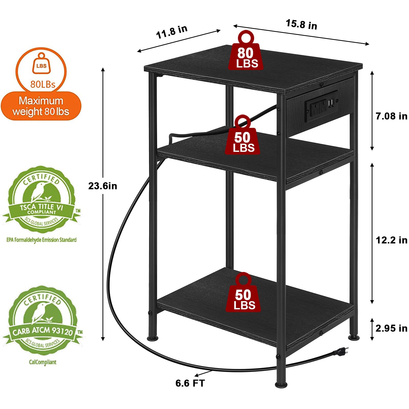 SEHERTIWY Nightstand with Charging Station, Living Room Side Table, 3-Tier End Tables with USB Ports and Power Outlets, Bed Side Table/Night Stand, Small End Table for Small Spaces(Black)