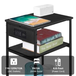 SEHERTIWY Nightstand with Charging Station, Living Room Side Table, 3-Tier End Tables with USB Ports and Power Outlets, Bed Side Table/Night Stand, Small End Table for Small Spaces(Black)