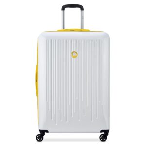 delsey paris christine hardside expandable luggage with spinner wheels, white with yellow trim, checked-large 28 inch