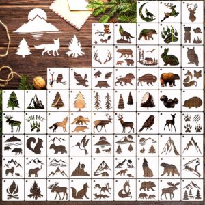 65 pieces animal stencils for painting, small reusable deer bear stencil template tree bee bird mountain diy craft paint stencils for painting on wood wall card rock decor (wildlife)