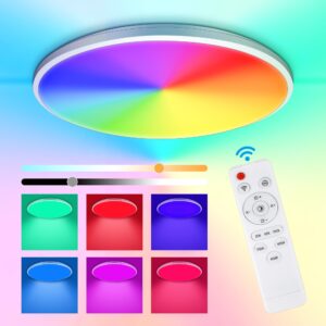 xcofzob rgb led flush mount ceiling light with remote control, 12 inch 24w 3000k-6500k dimmable color changing light fixture, modern round ceiling lamp for bedroom bathroom kitchen kids party