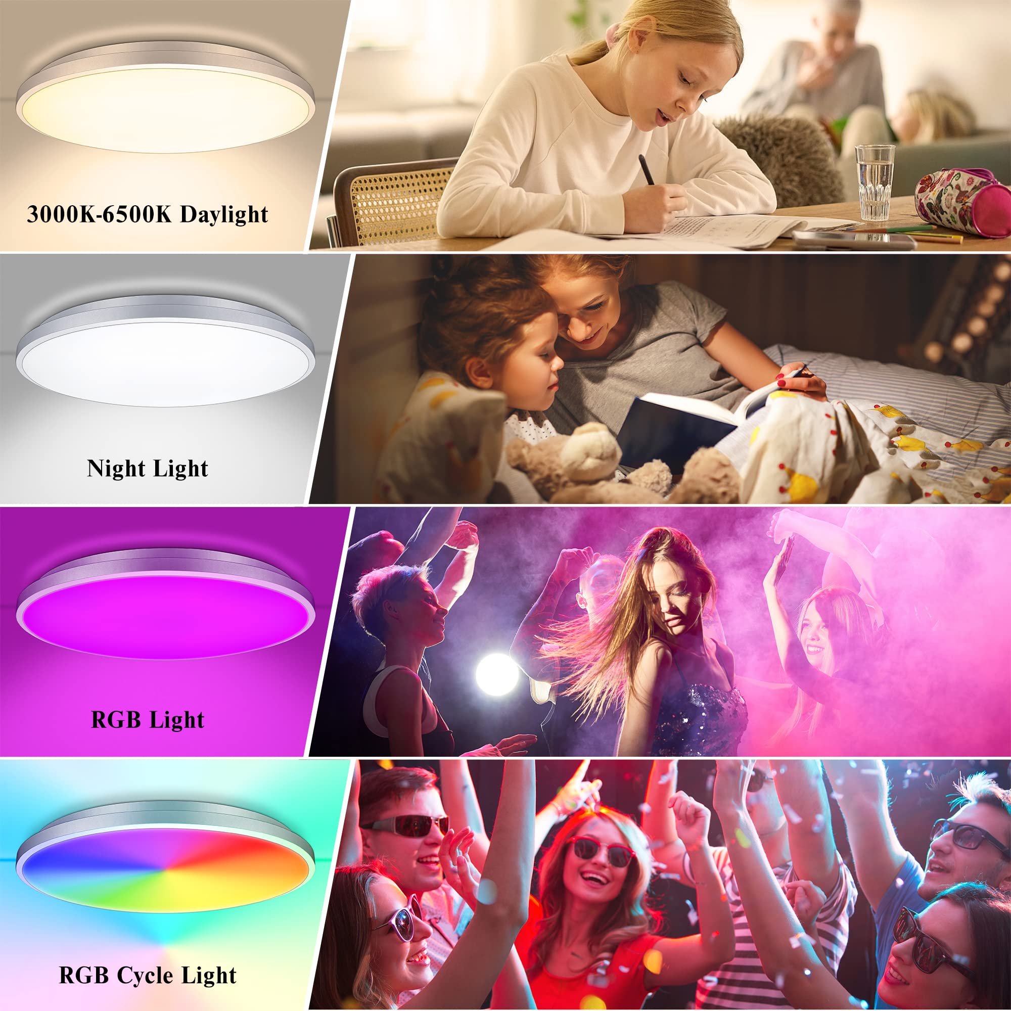 XCOFZOB RGB LED Flush Mount Ceiling Light with Remote Control, 12 Inch 24W 3000K-6500K Dimmable Color Changing Light Fixture, Modern Round Ceiling Lamp for Bedroom Bathroom Kitchen Kids Party