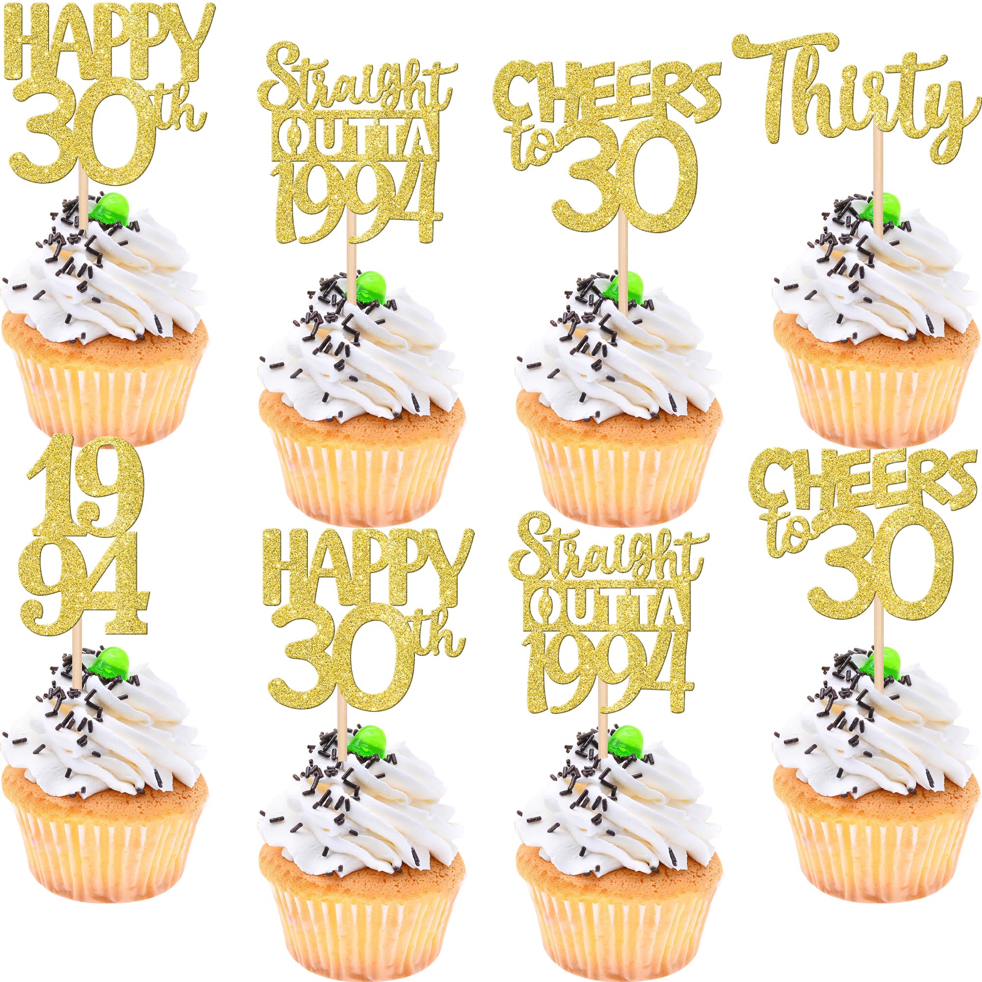 30PCS Straight Outta 1994 Cupcake Toppers Gold Glitter Thirty Happy 30th Birthday Cupcake Picks Cheers to 30 Years Cake Decorations for 30th Birthday Anniversary Party Decoration Supplies