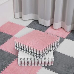 18 pcs plush foam floor mat square interlocking carpet tiles with border fluffy play mat floor tiles soft climbing area rugs for home playroom decor, 12 x 12 x 0.4 inch (white, pink, gray)